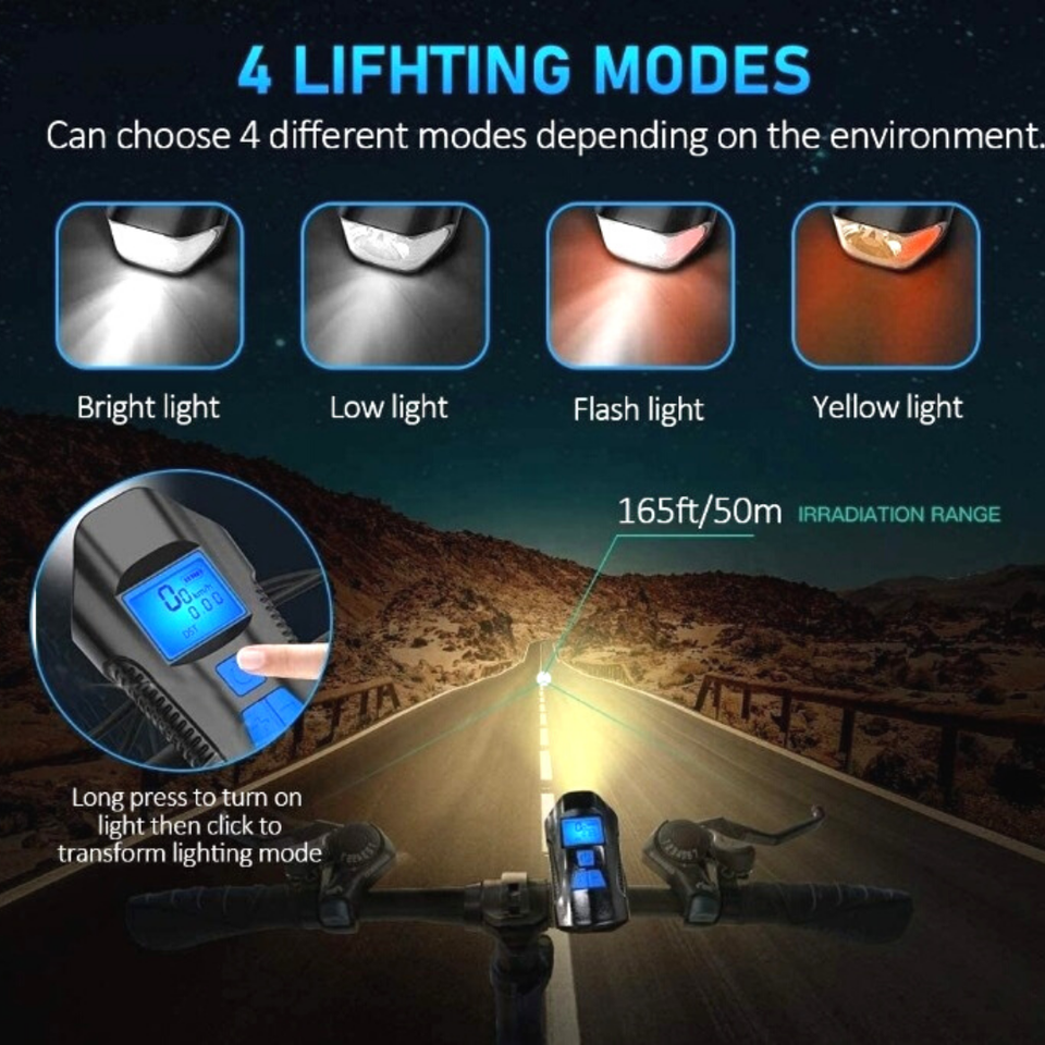 5 Mode USB Rechargeable LED Bike Front Light Headlight Horn Bell + Rear ...