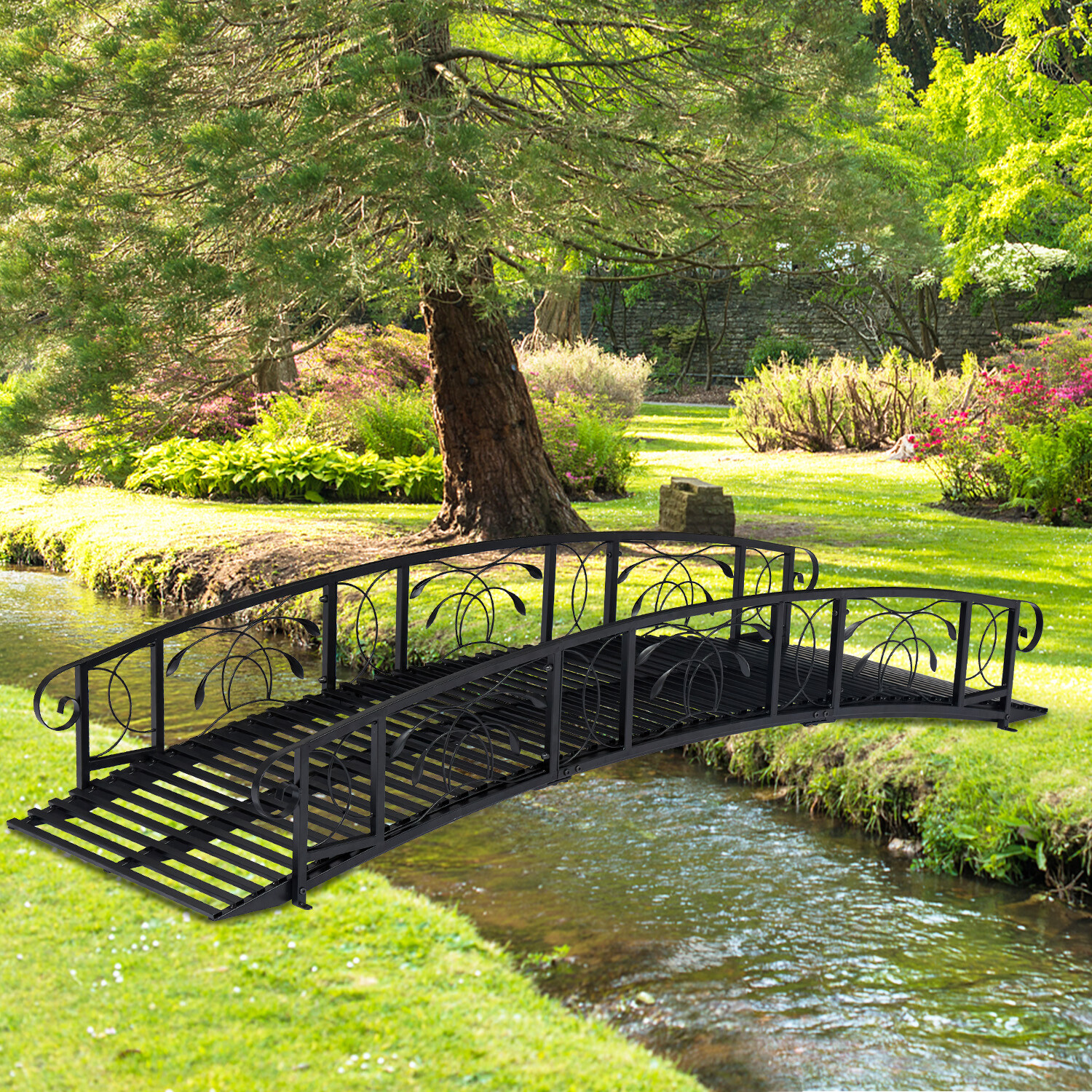 8 Ft Garden Bridge Curved Outdoor Metal Decorative Pond Garden Bridge ...