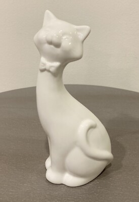 All White Ceramic Long Neck Cat 6.5” Tall Figurine Statue Smiling ...