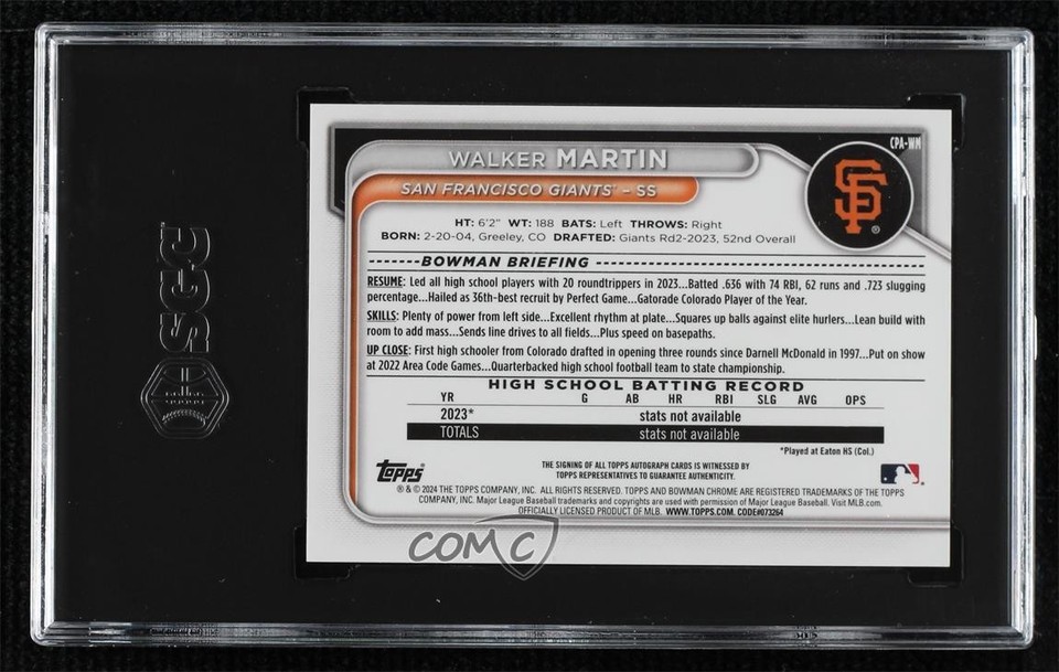 2024 Bowman Chrome Prospect Gold Refractor 20/50 Walker Martin SGC 10 ...