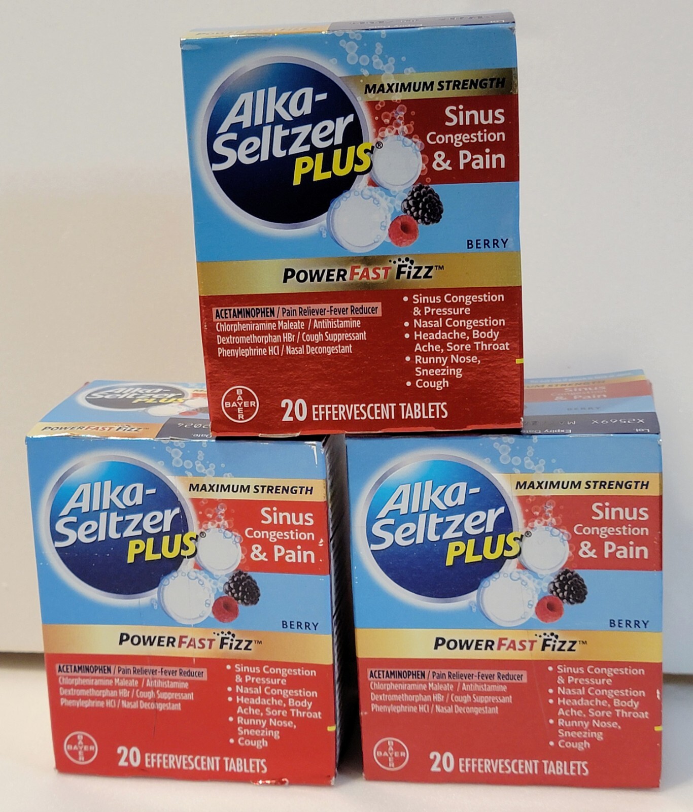 3 Boxes Alka Seltzer Plus Sinus Congestion Pain Berry Flavor 20ct each ...