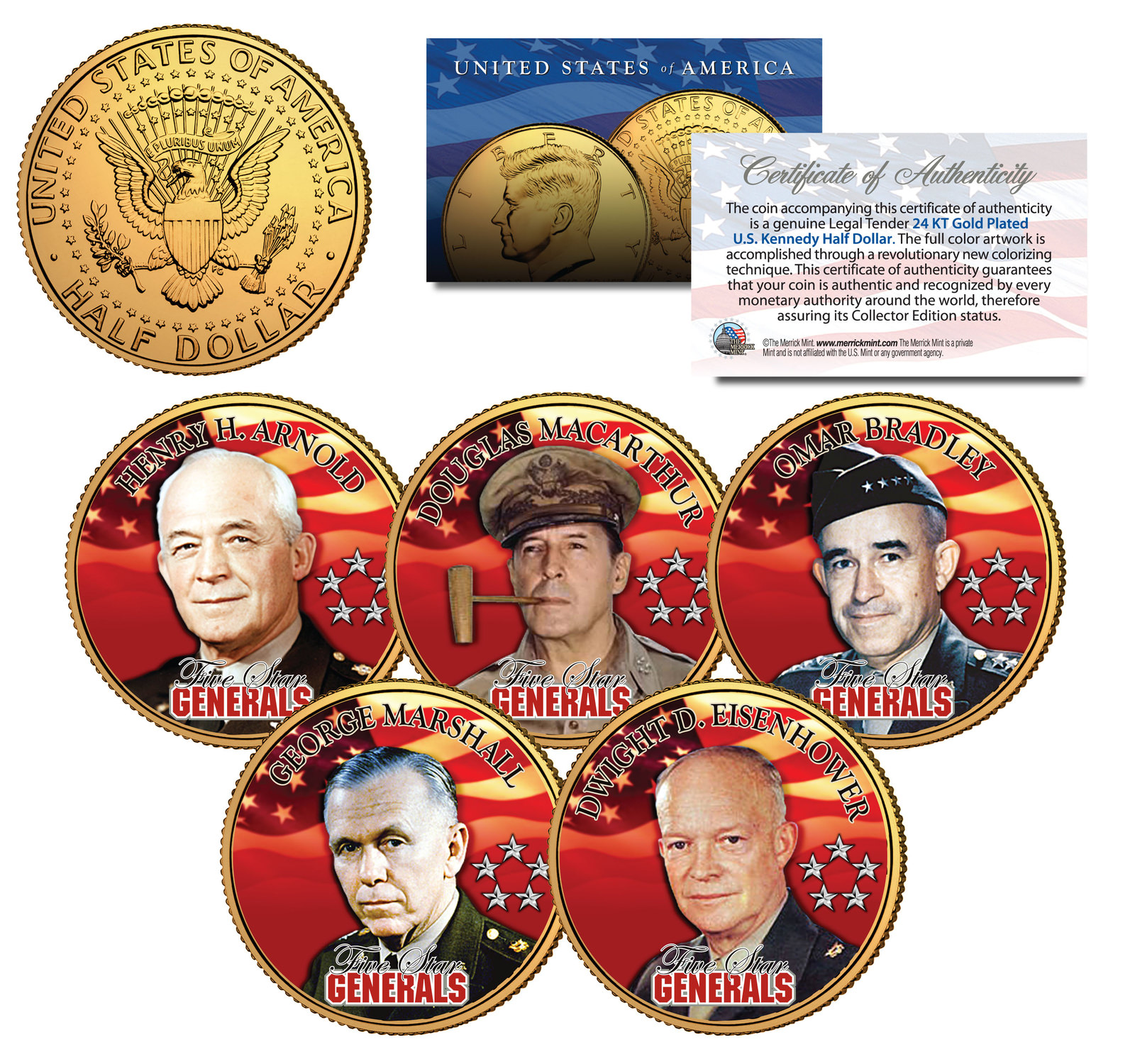 5-STAR GENERALS U.S. ARMY Colorized JFK Half Dollars 5-Coin Set 24K ...