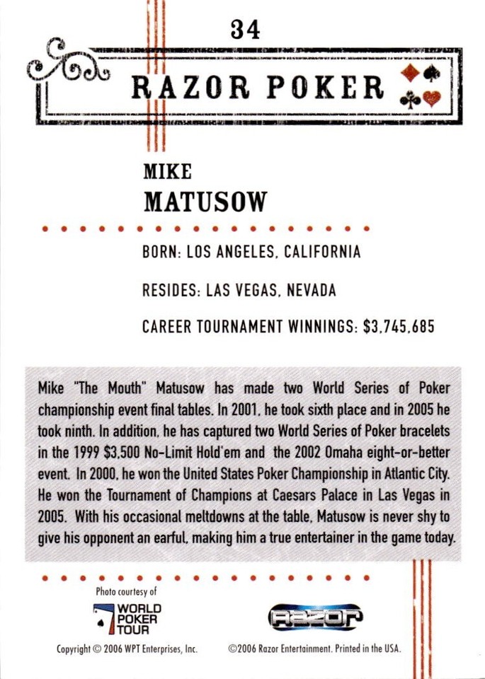 2006 RAZOR POKER MIKE MATUSOW COLLECTIBLE ROOKIE CARD#34 NM-MT WSOP ...