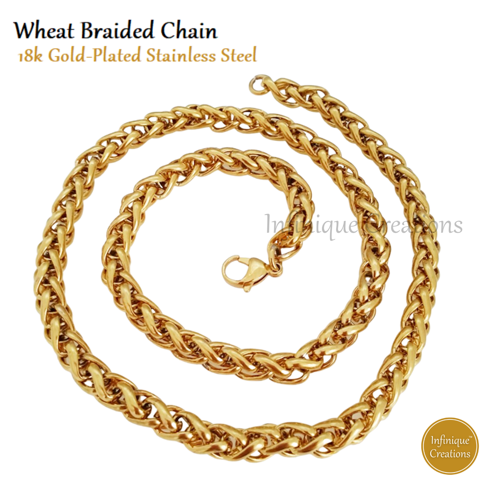 Stainless Steel Wheat Braided Chain 18K Gold Plated 7-38" Men Bracelet ...