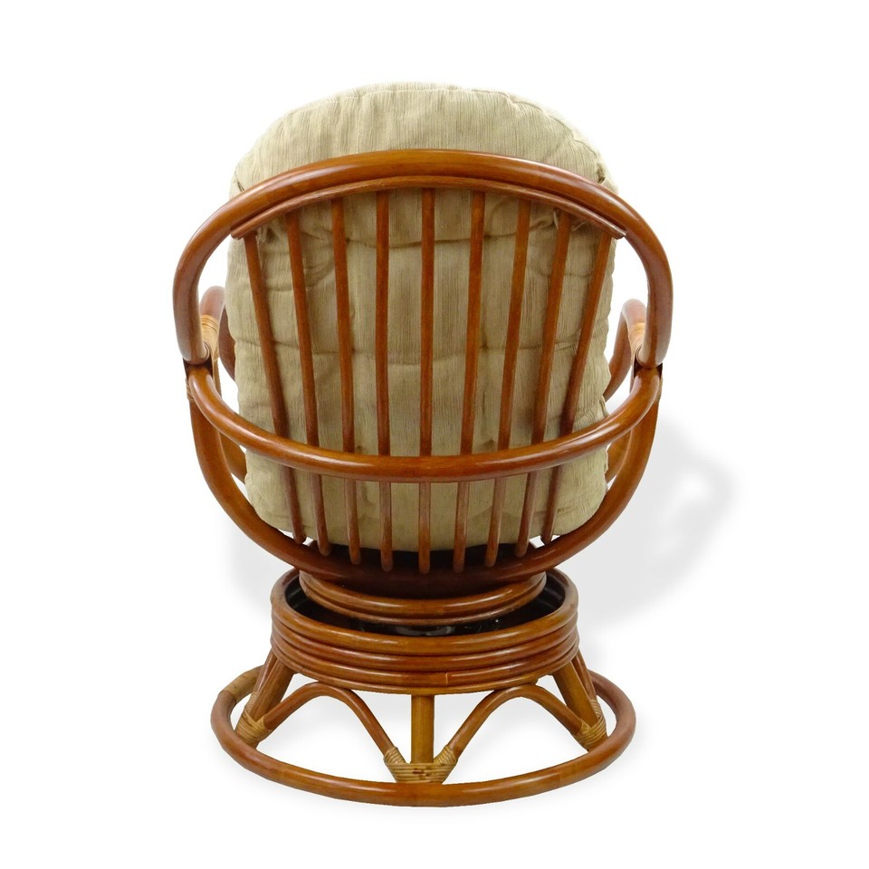 Natural Rattan Wicker Swivel Rocking Bali Chair with Cream Cushion ...