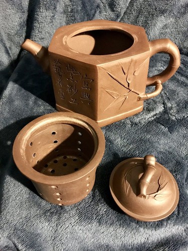 Vintage Chinese Yixing Pottery Hexagon Teapot Bamboo Poetry 4 Mark Seal ...