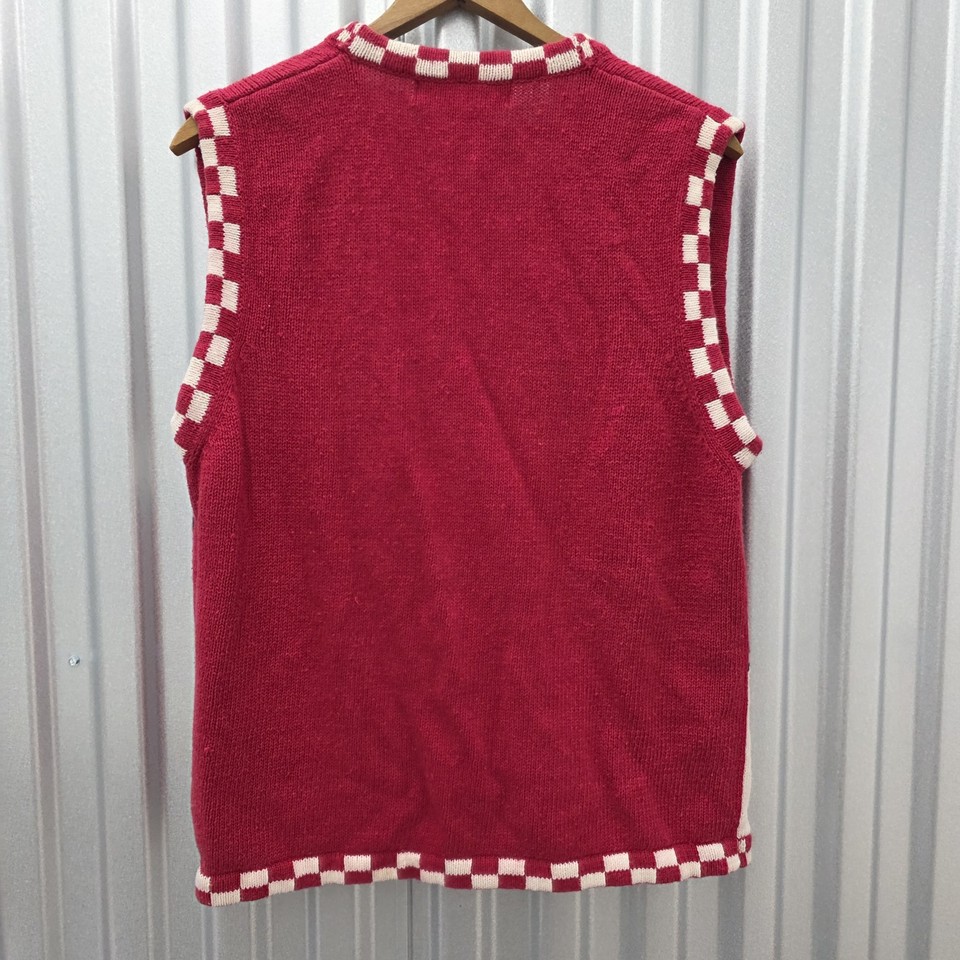 Vintage Theme Works Kikit Sweater Vest Red Christmas Ugly Santa Trees ...