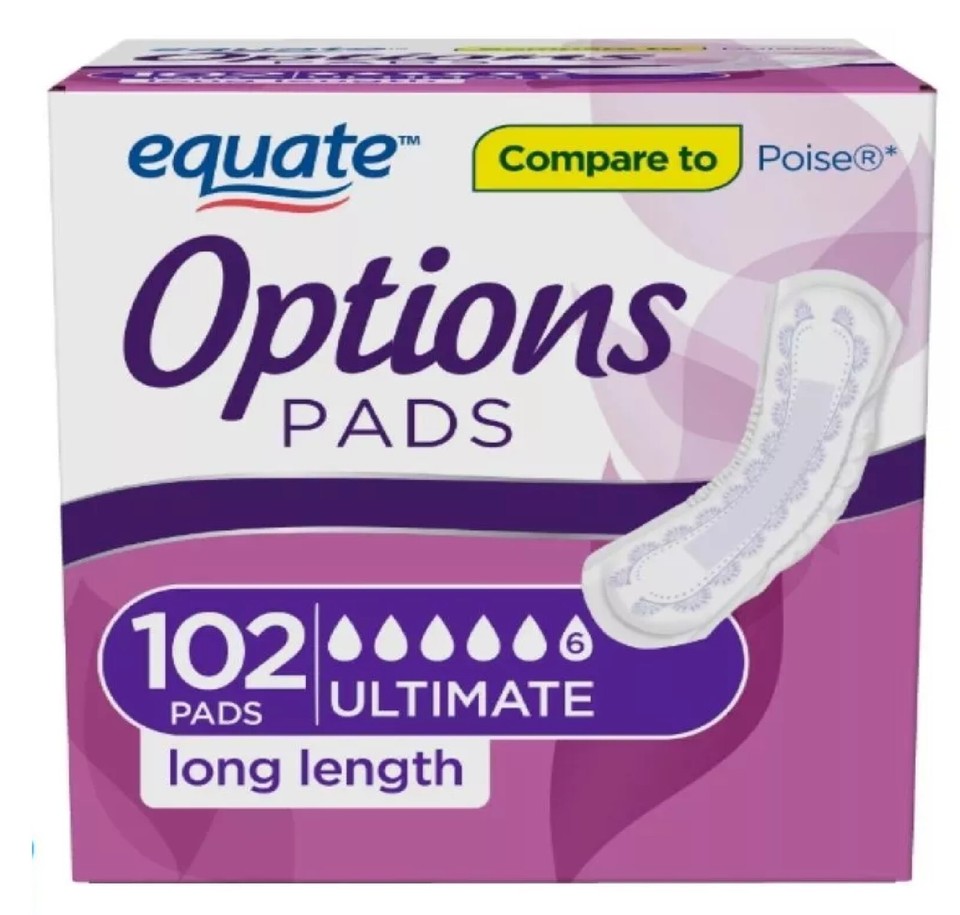 Equate Options Incontinence Pads for Women, Ultimate, Long, 102 Count ...