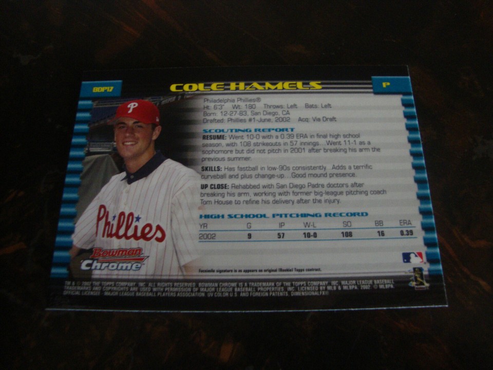 2002 Bowman Chrome Draft Baseball---Rookie---#BDP17 Cole Hamels ALMOST ...