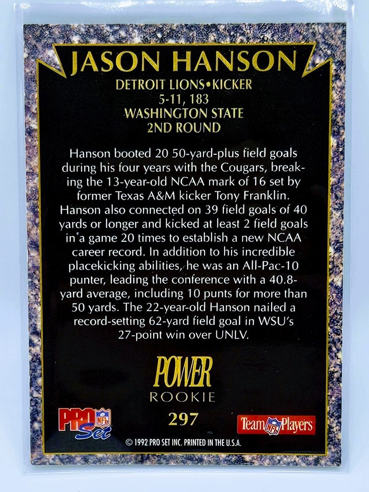 1992 Pro Set Power Jason Hanson Rookie RC #297 Detroit Lions | eBay