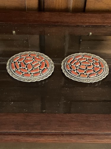 Vintage Red Coral Cluster & Silver Conchos Belt Slides 2 7/8 X 2 1/4 ...