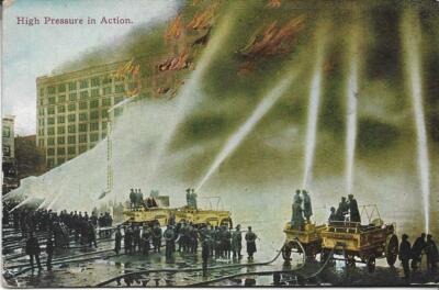 HIGH PRESSURE IN ACTION FIRE ENGINE USA 1945 COLOR POSTCARD UNUSED REF ...