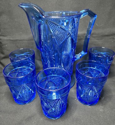 Cobalt Blue Brazen Shield Lemonade Water Set Indiana Tumbler Greentown ...