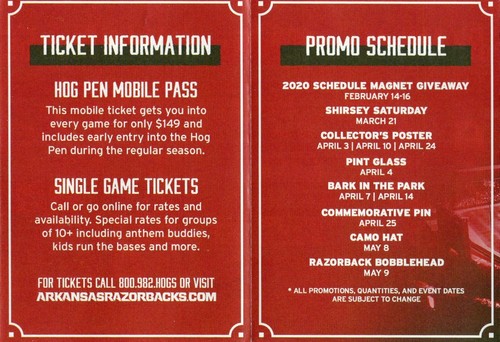 Arkansas Razorbacks SEC Baseball 2020 Pocket Schedule | eBay