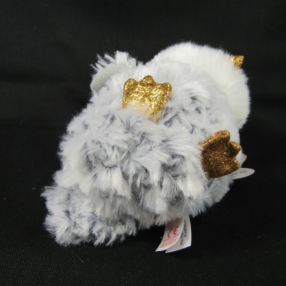 TY Beanie Boo 6" OWLETTE gray white fluffy Owl Plush Gold glitter with ...