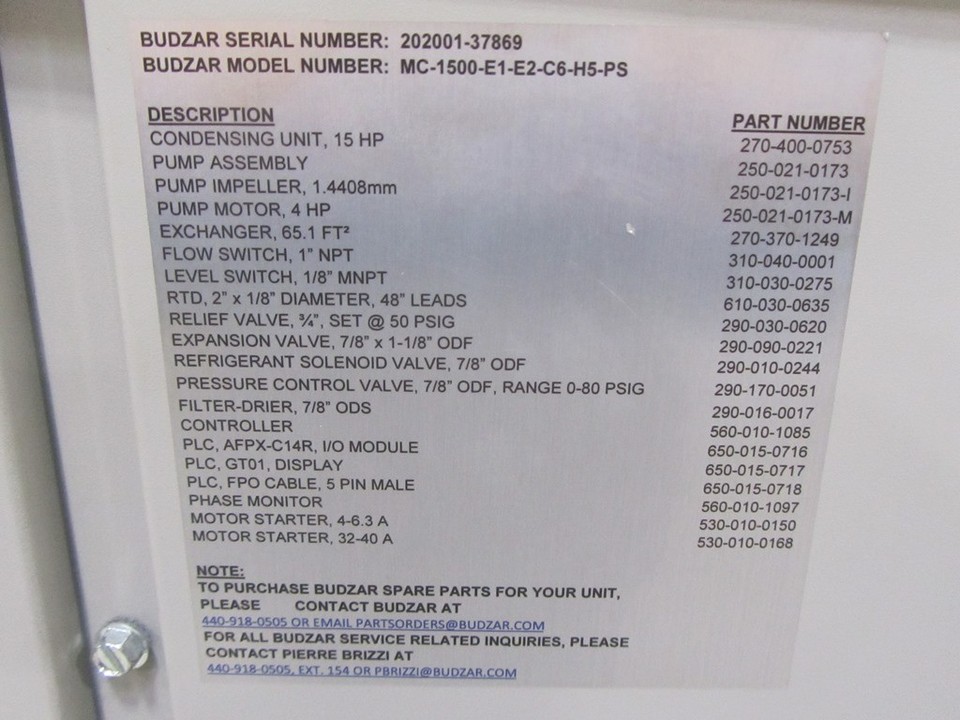 Budzar Water Cooled Chiller Air 16.7 Tons MC1500 Mercury 15 GPM 59,700 ...