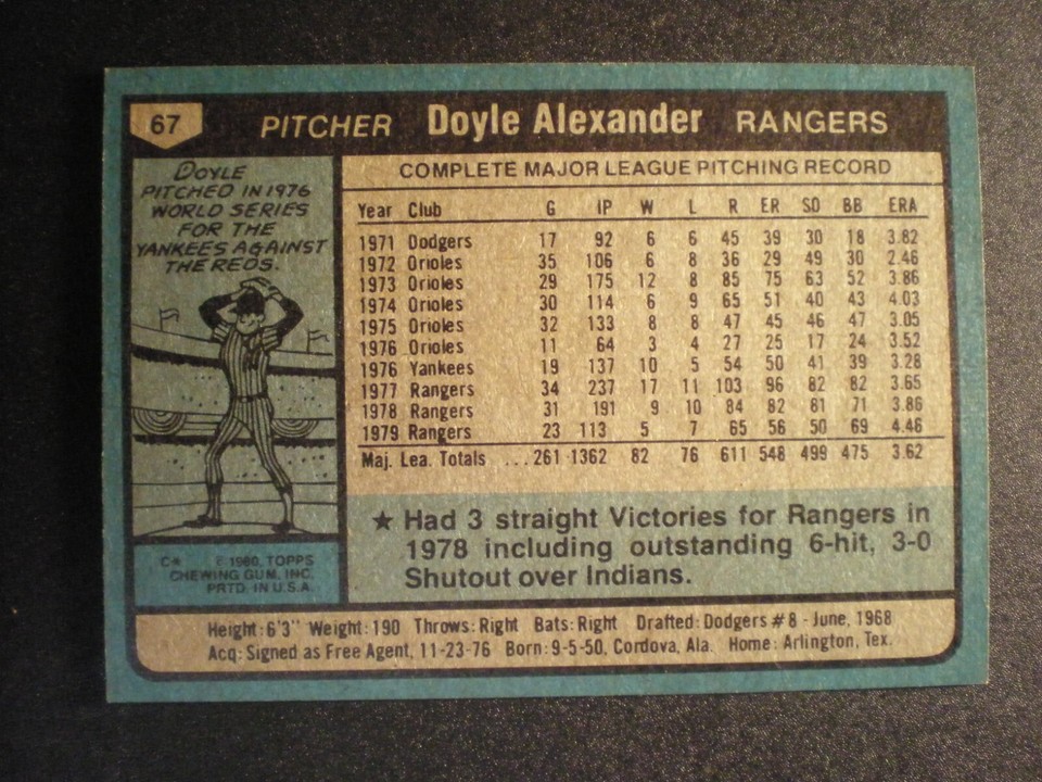 1980 Topps Baseball Rangers Doyle Alexander Card # 67 | eBay
