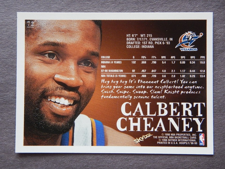Calbert Cheaney #72 NBA Hoops 1998 Basketball Card (Washington Wizards ...