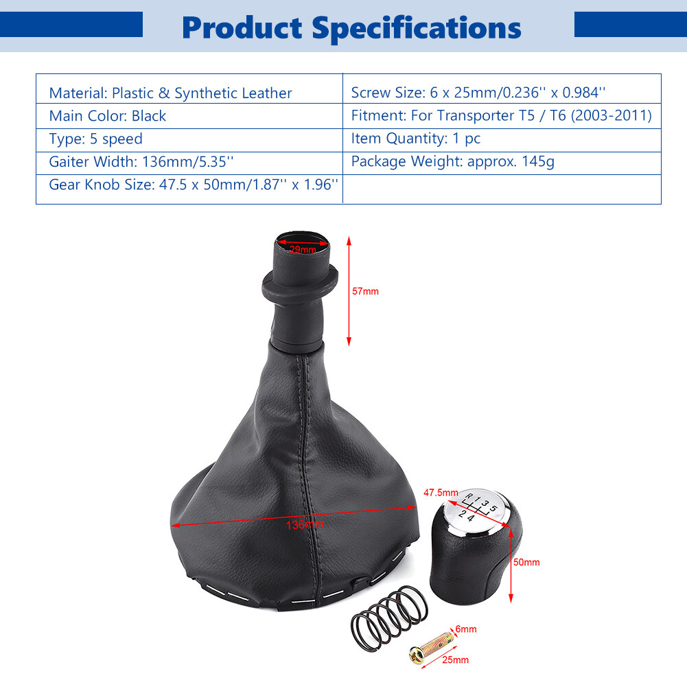 5 Speed Car Gear Shift Knob Gearstick Gaiter Boot Kit For Transporter ...