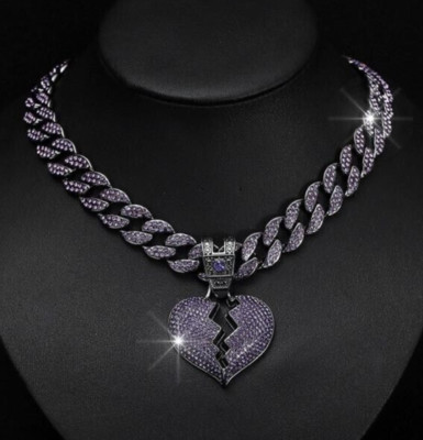 Broken Heart Pendant 18" Iced Purple Cubic Zirconia Cuban Chain Bling ...