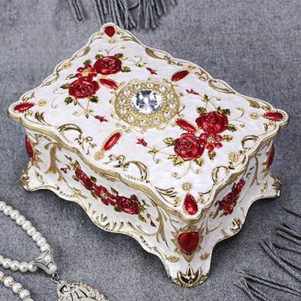 WHITE GOLD TIN ALLOY RED ROSE RECTANGLE SHAPE MUSIC BOX : ANNIE'S SONG ...