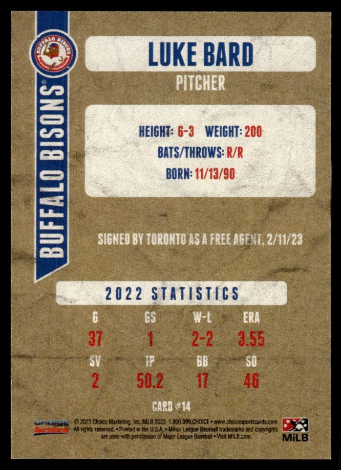 2023 Luke Bard Choice Minor League Rookie Card Buffalo Bisons | eBay