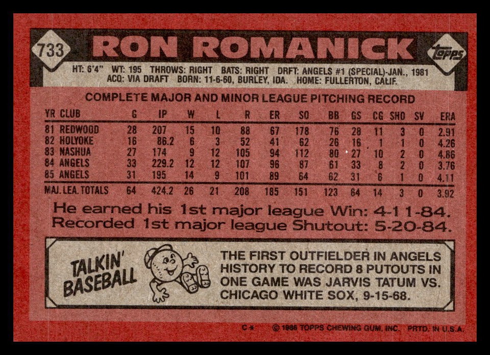 1986 Topps #733 Ron Romanick California Angels Baseball Card | eBay