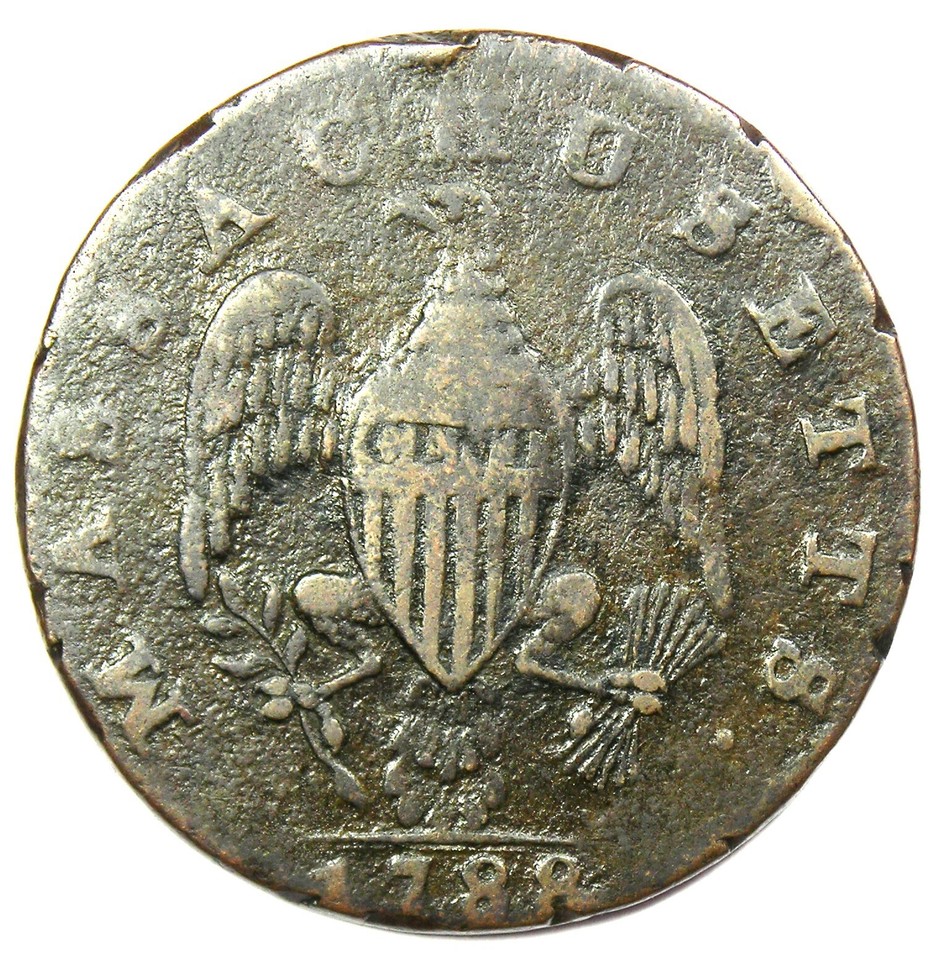1788 Massachusetts Cent Colonial Copper Coin 1C - Rare Early Colonial ...