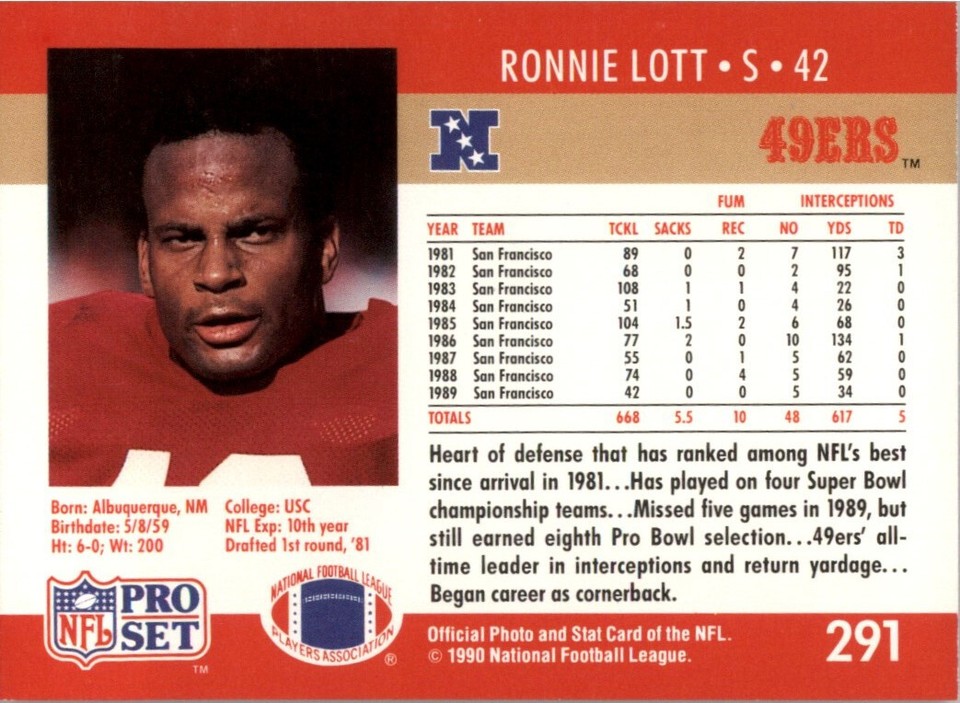 1990 Pro Set #291 Ronnie Lott San Francisco 49ers NFL HOF USC Trojans ...