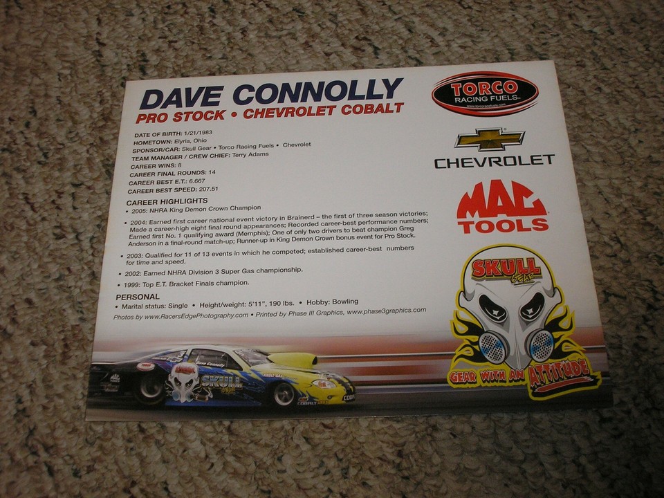 NHRA Dave Connolly SKULL Chevy Cobalt SS Pro Stock Drag Racing Handout ...