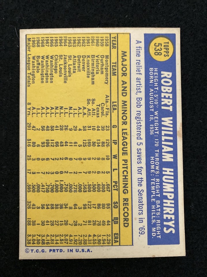 1970 TOPPS # 538 BOB HUMPHREYS C 197 | eBay