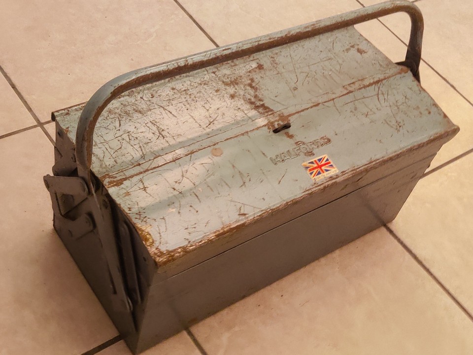 Vintage Halfords Metal Cantilever Tool Box with lot of old tools | eBay UK