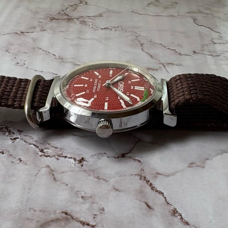 ORIS Vintage Mechanical Hand-Wound Watch Red Face Stainless Steel 1970s ...