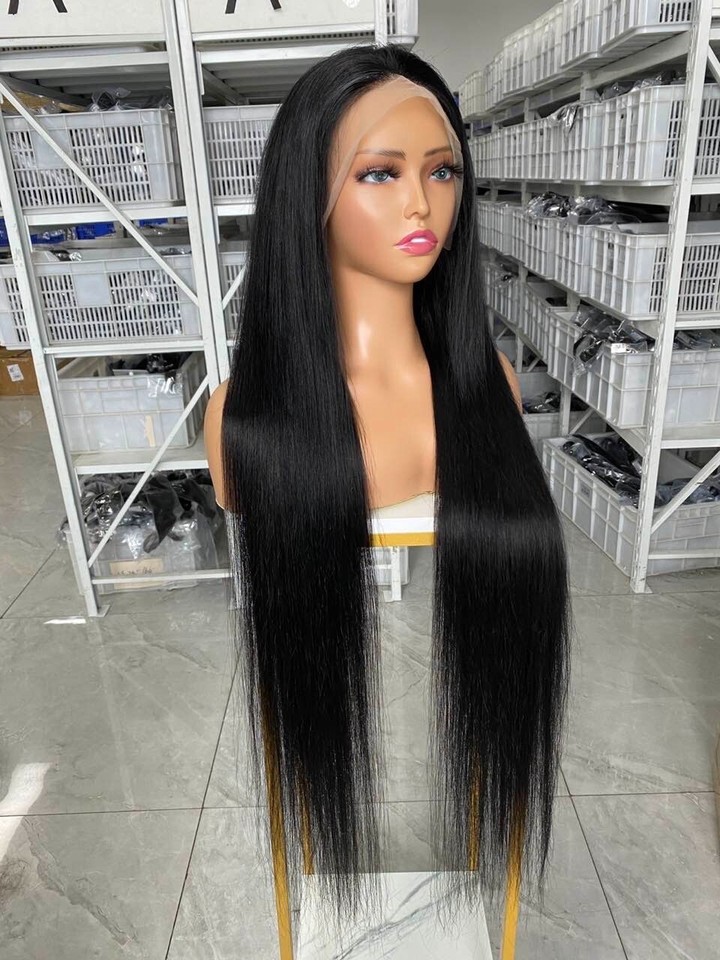 Long Hair 40" Straight 1# 5 bundles Transparent lace front Wig Human ...
