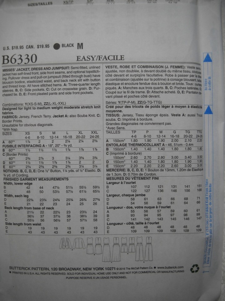 Dress Jumpsuit Jacket Size L-XXL Butterick 6330 Sewing Pattern * | eBay