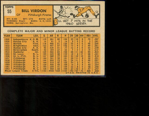 1963 Topps Bill Virdon Pittsburgh Pirates #55 | eBay