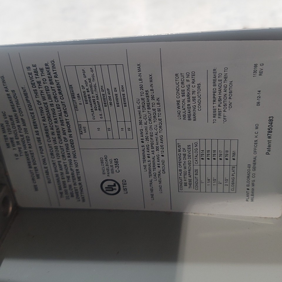 Milbank U5842-RL-100-KK 200A Ringless Small Hub 100A Main Breaker Meter ...