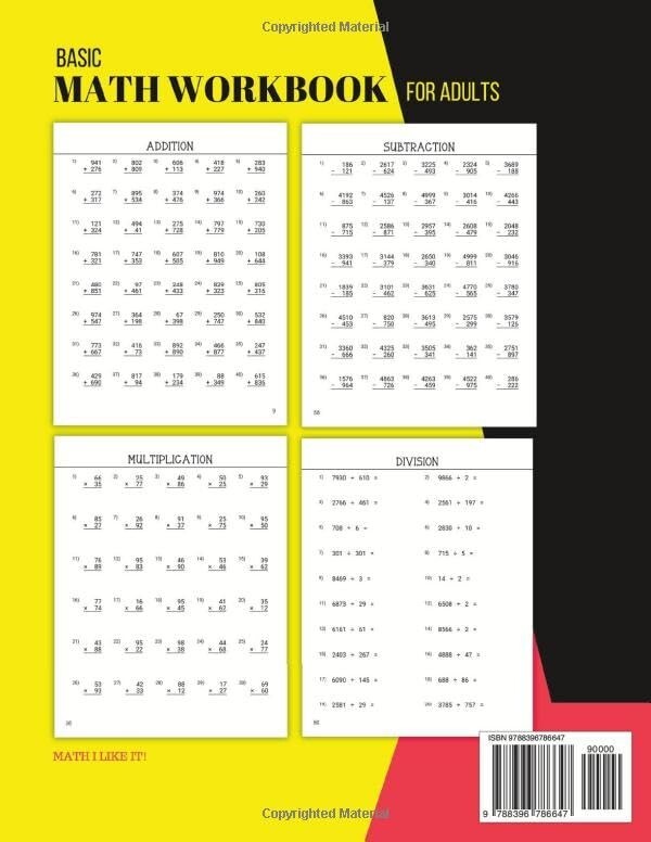 Basic Math Workbook for Adults: Activity Book with over 3300 Tasks of ...