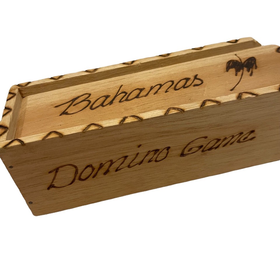 Wooden Dominoes Set W/ Handmade Wood Box Bahamas Fire Etched Carved | eBay