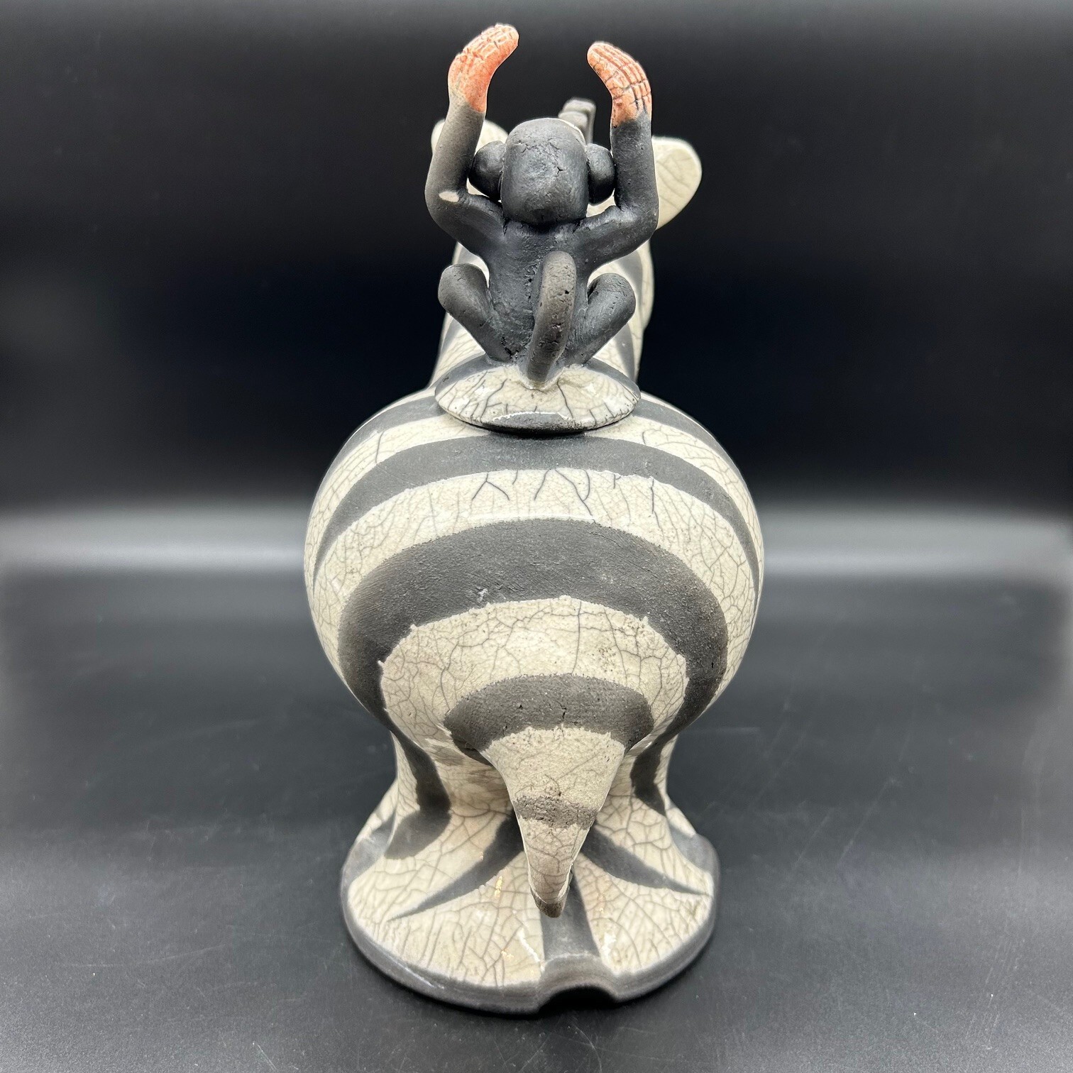 Peter Alsen Raku Pottery Oregon Zebra with Monkey Vessel Whimsical ...