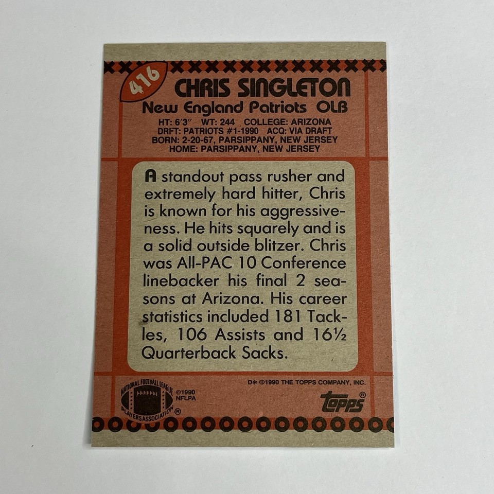 1990 TOPPS FOOTBALL Card #416 Chris Singleton RC New England Patriots ...