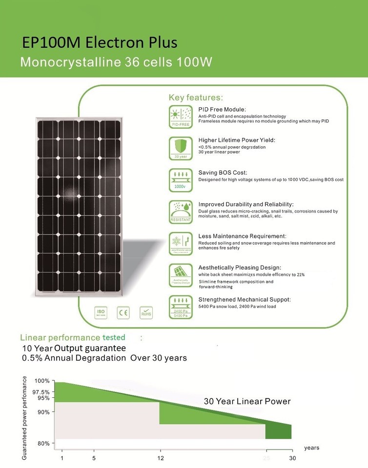 100W 12volt Electron Plus Mono Solar Panel 1m cable Top Quality - Fast ...