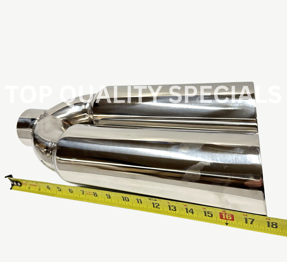 QUAD 4" Outlet 3" Inlet 18" Long Tip PAIR Double Wall Weld On Angle Cut ...