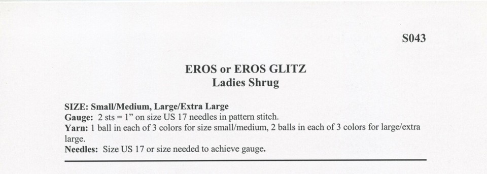 Plymouth Yarn Knitting Pattern S043 Eros Shrug (uses Ladder Yarn) | eBay