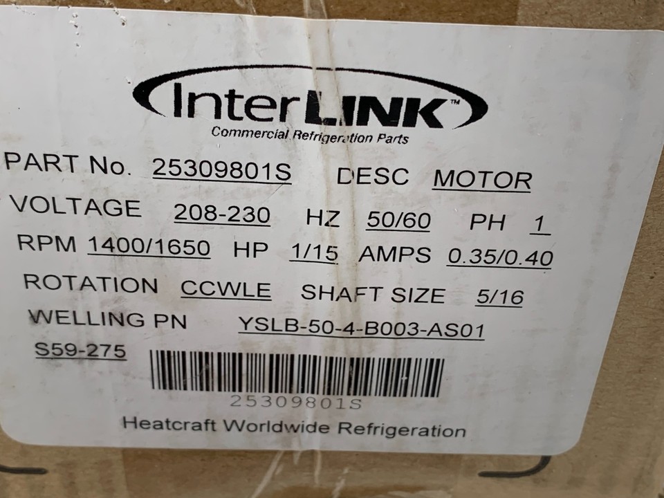 Interlink Heatcraft 25309801S 1/15HP Evaporator Electric Fan Motor 208 ...