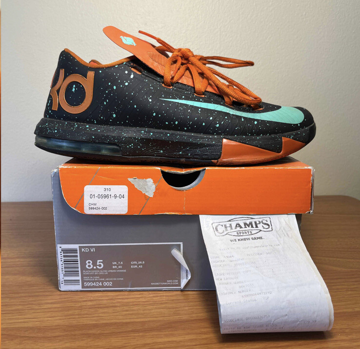 Nike KD 6 VI Texas Black Green Orange Size 8.5 Sneakers w/ Box 599424 ...