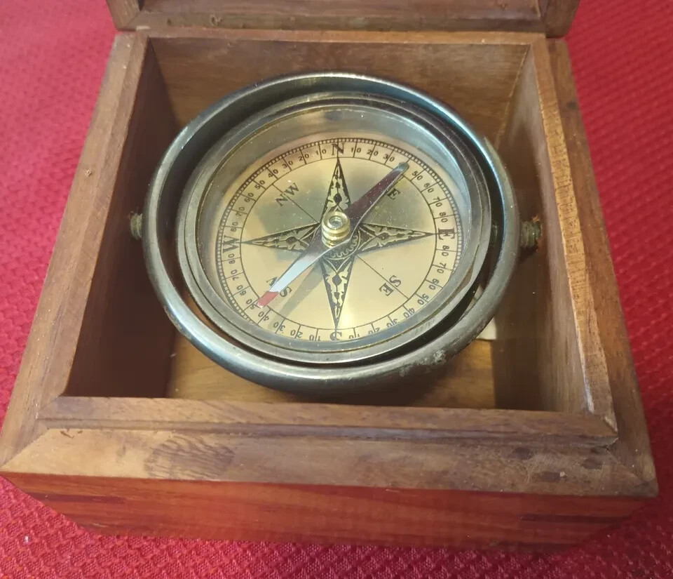 Vintage Brass Marine Gimbal Compass Boxed Wood Stanley London Ship Boat ...