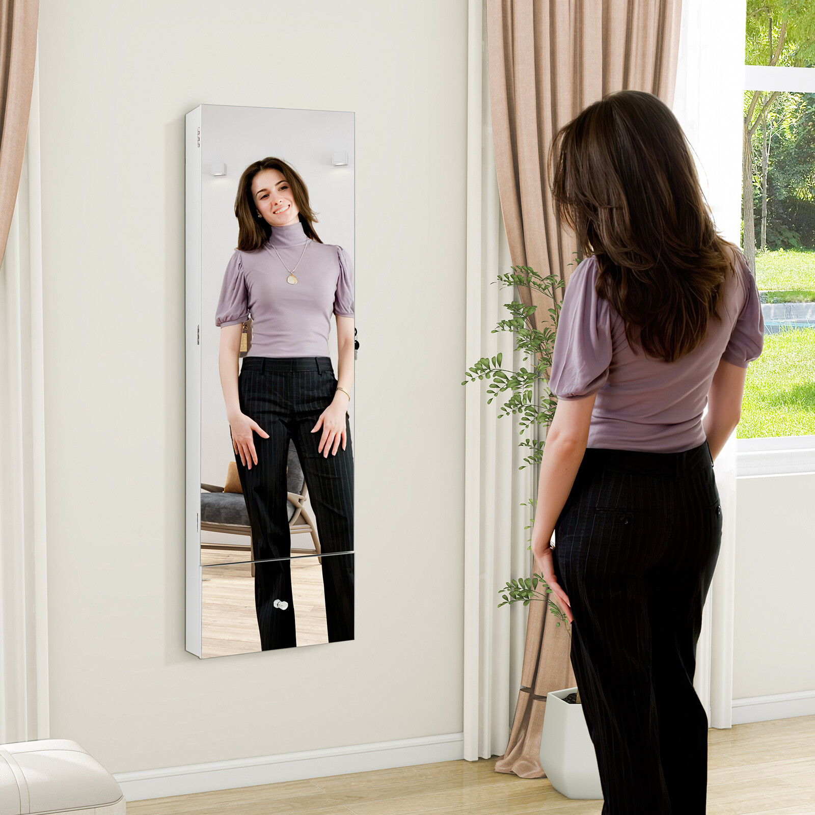 Mirror Jewelry Box w/3 LED Lights 47.2" Large Armoire Organizer Wall ...