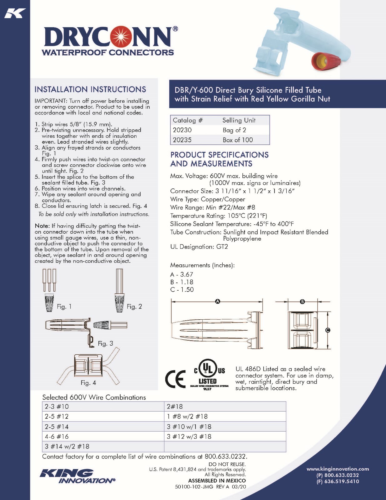 King Innovation DBR/Y-600 22-8awg DryConn Direct Bury Silicone-Filled ...
