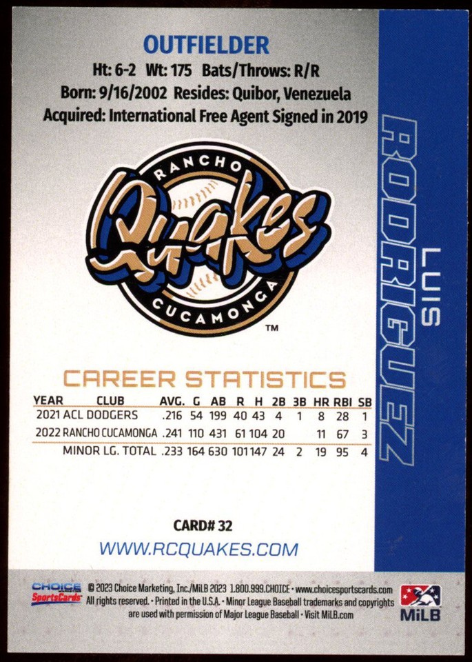Luis Rodriguez Signed 2023 Choice Rancho Cucamonga Quakes Team Card ...